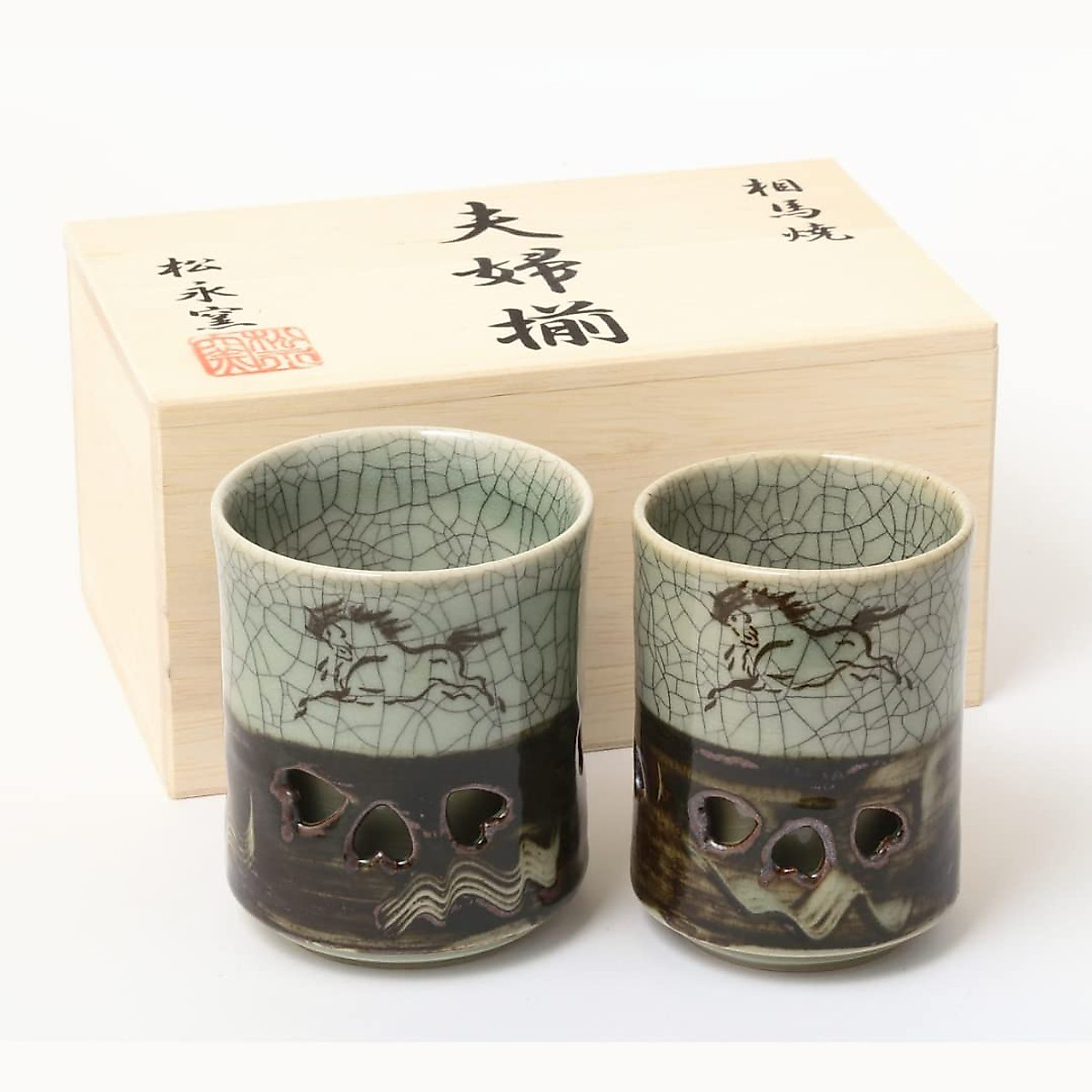 Hand-made: Double layer teacup Set of 2 | “Soma-Yaki” | Blue Crack Pattern | Made in Japan |