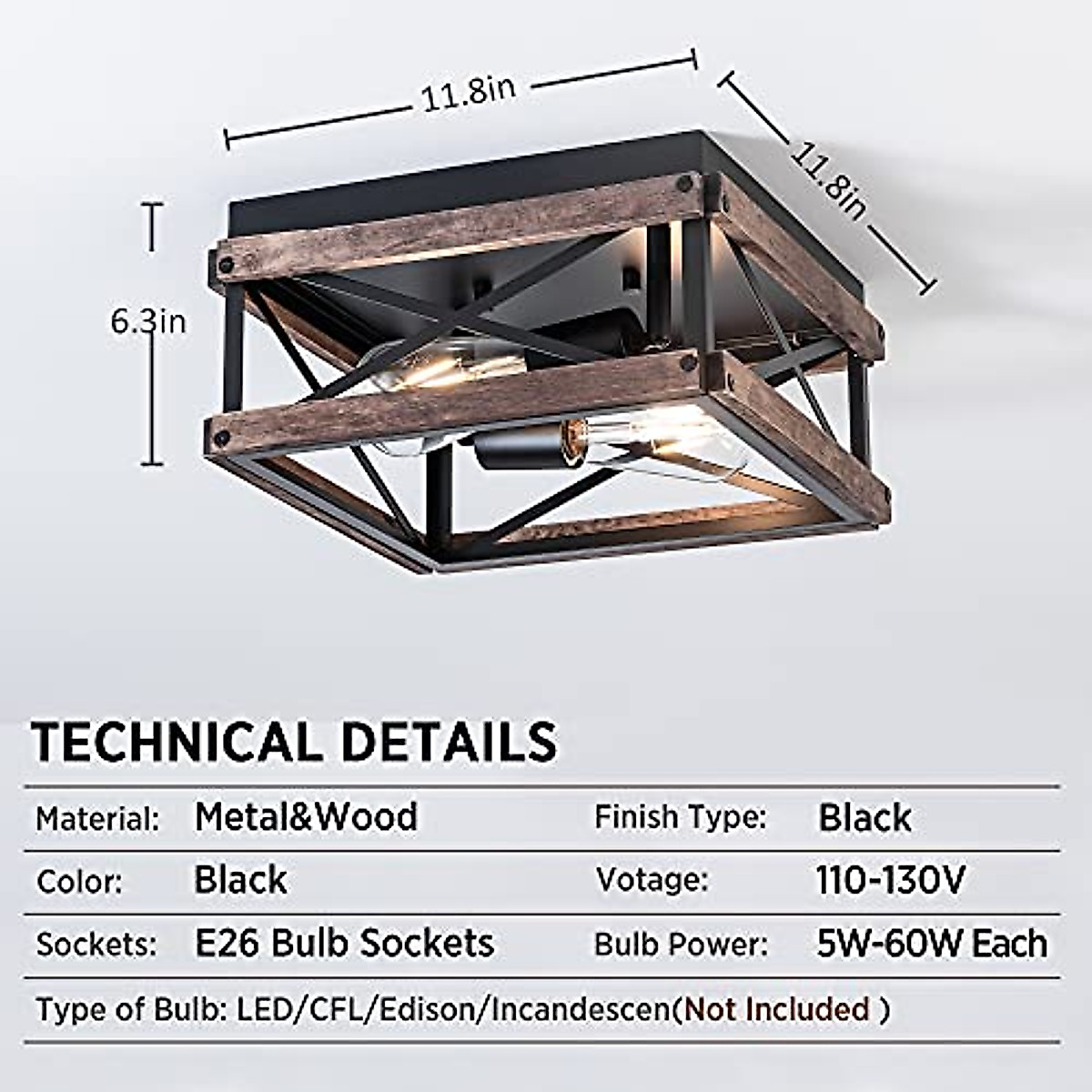 Mayful Flush Mount Light Fixture, 2-Light Rustic Ceiling Light Combine with Metal and Wood Frame, Farmhouse Flush Mount Ceiling Light for Kitchen Hallway Entryway Bedroom Porch Living Room…