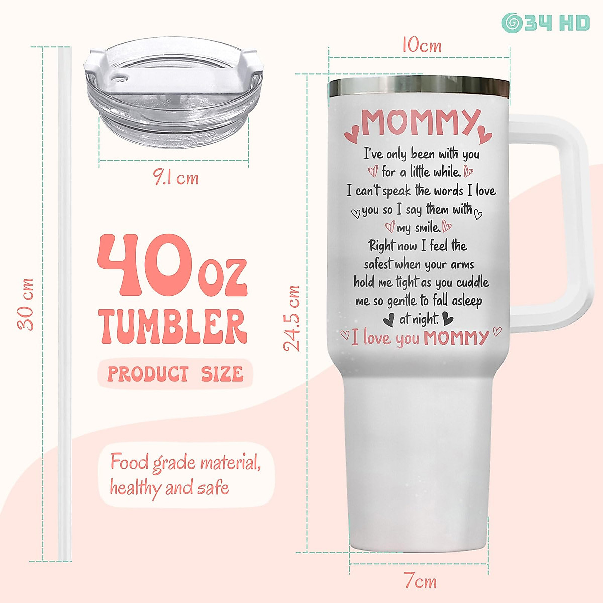 34HD First Mothers Day Gifts, Elephant Mom Tumbler with Handle and Straw 40oz Stainless Steel, Cute Baby Animal Gifts for New Mom, Mama Coffee Travel Mug