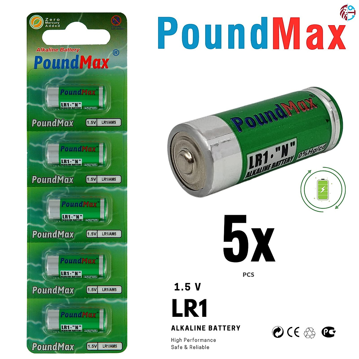 5 X PoundMax 910A LR1 N Type MN9100 1.5V Alkaline Batteries