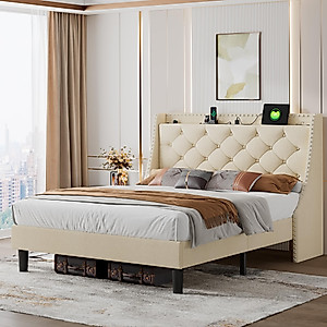 iPormis Full Bed Frame with 16" Comfort Wingback & Charging Station, Upholstered Platform Bed with Button Tufted Storage Headboard, Solid Wood Slats Support, No Box Spring Needed, Beige