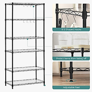 SONGMICS 6-Tier Metal Storage Shelves, Wire Shelving Unit, Adjustable Shelves, Garage Shelving, Kitchen, Living Room Storage Rack, Shelf Liners, 8 Hooks, Total Max. Load 264 lb, Black ULGR066B01