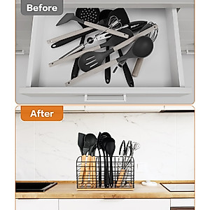 PrimZooty Large Utensil Holder for Kitchen Counter - 11.8"x 6.7"x 4.7", 3 Compartments Aesthetic Design, Kitchen Utensil Holder Utensil Organizer (Metal+Bamboo)