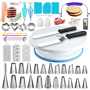 RFAQK 150PCs Cake Decorating Kit Baking Supplies Tools with Ebook and Booklet, 3in1 Cake Turntable for Decorating Cakes Cupcakes Cookies with Piping Bags and Tips Set, Leveler, Spatula & much more