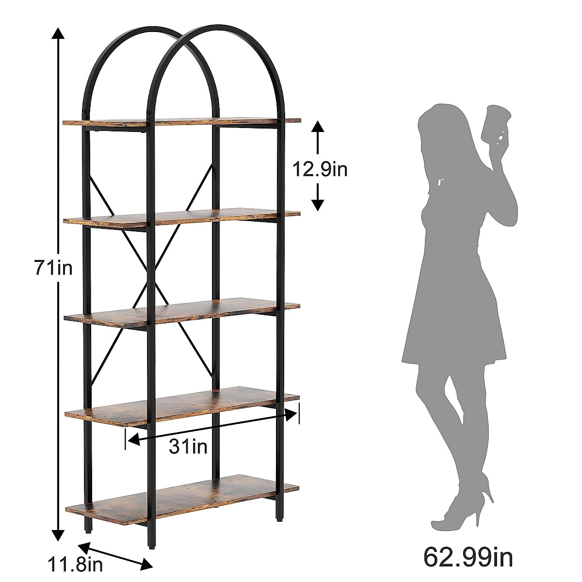 Arbuxzuy Arched Bookshelf 5 Tier Book Shelf, 31.5 Inch Width Industrial Arch Bookcase, Curved Tall Bookshelf with Open Shelves for Home Office, Living Room, Bedroom, Rustic Brown