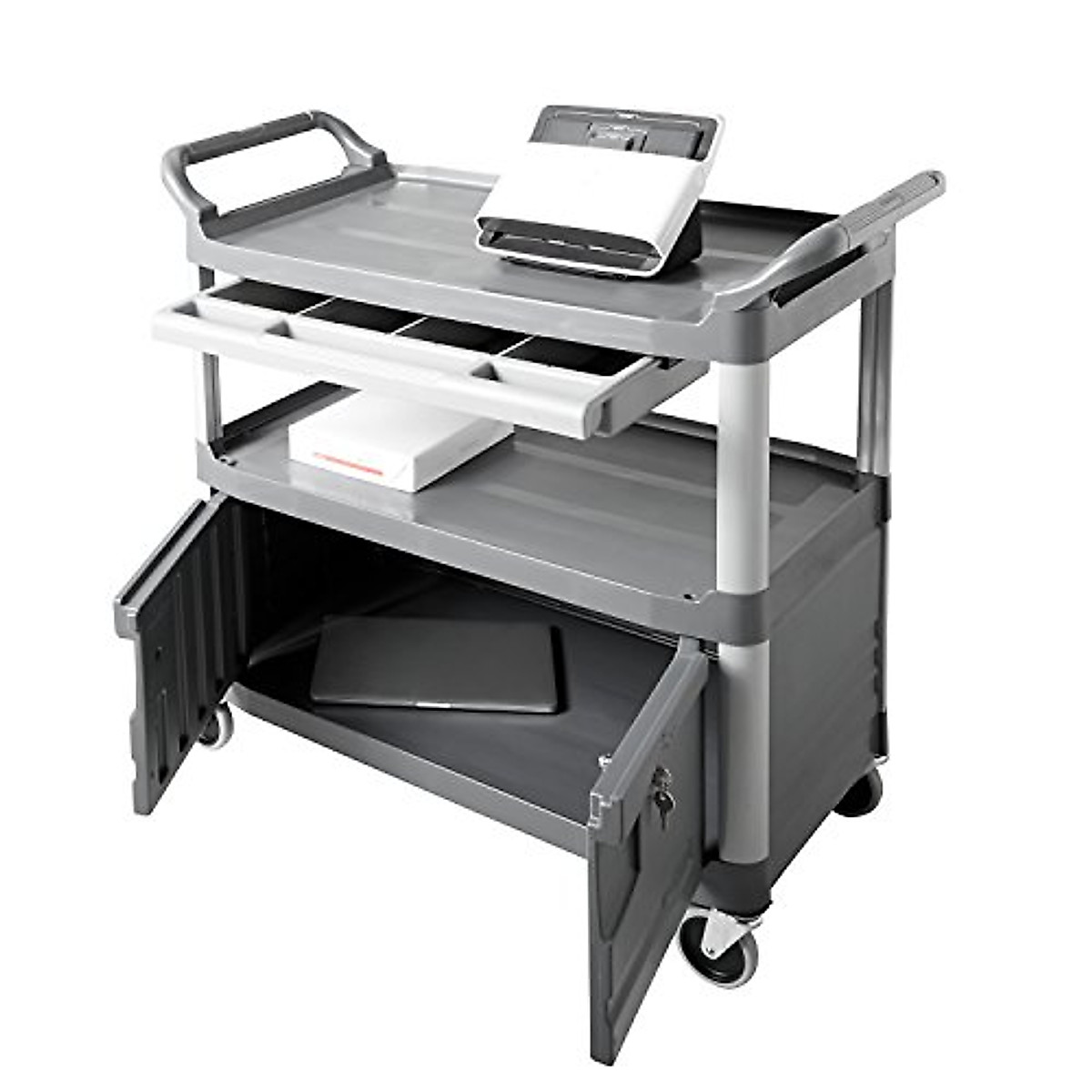 Rubbermaid Commercial Xtra Instrument and Rolling Utility Cart, Gray, with Drawer and Cabinet, for Service Restaurant Hospitality 300 lbs