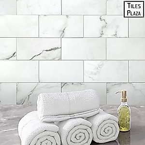 The Tiles Plaza Subway Backsplash Tile Peel and Stick, White Stone Self Adhesive Tiles, Stick on Marble Wall Tile for Kitchen, Bathroom, Fireplace. 12 x 12 Inch 10 Sheets