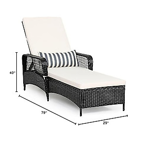 Black PE Rattan Patio Outdoor Chaise Lounge Chair Lounger Recliner Sunbathing Bed Thick Padded Cushion Lumbar Pillow 6 Adjustable Backrest Position Perfect for Poolside Deck Beach Balcony Use