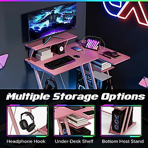 Giantex L Shaped Gaming Desk with Outlets & USB Ports, Small Computer Desk with Monitor Shelf, Headphone Hook, Storage Shelf & Host Stand, Modern Corner Gamer Workstation for Home Office (Pink)