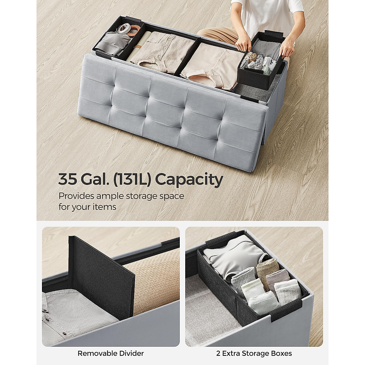 SONGMICS Storage Ottoman Bench, Foldable Ottoman Foot Rest, 15 x 43 x 15 Inches, End of Bed Bench, Storage Chest, Load up to 660 lb, for Living Room, Bedroom, Entryway, Dove Gray ULSF277G02