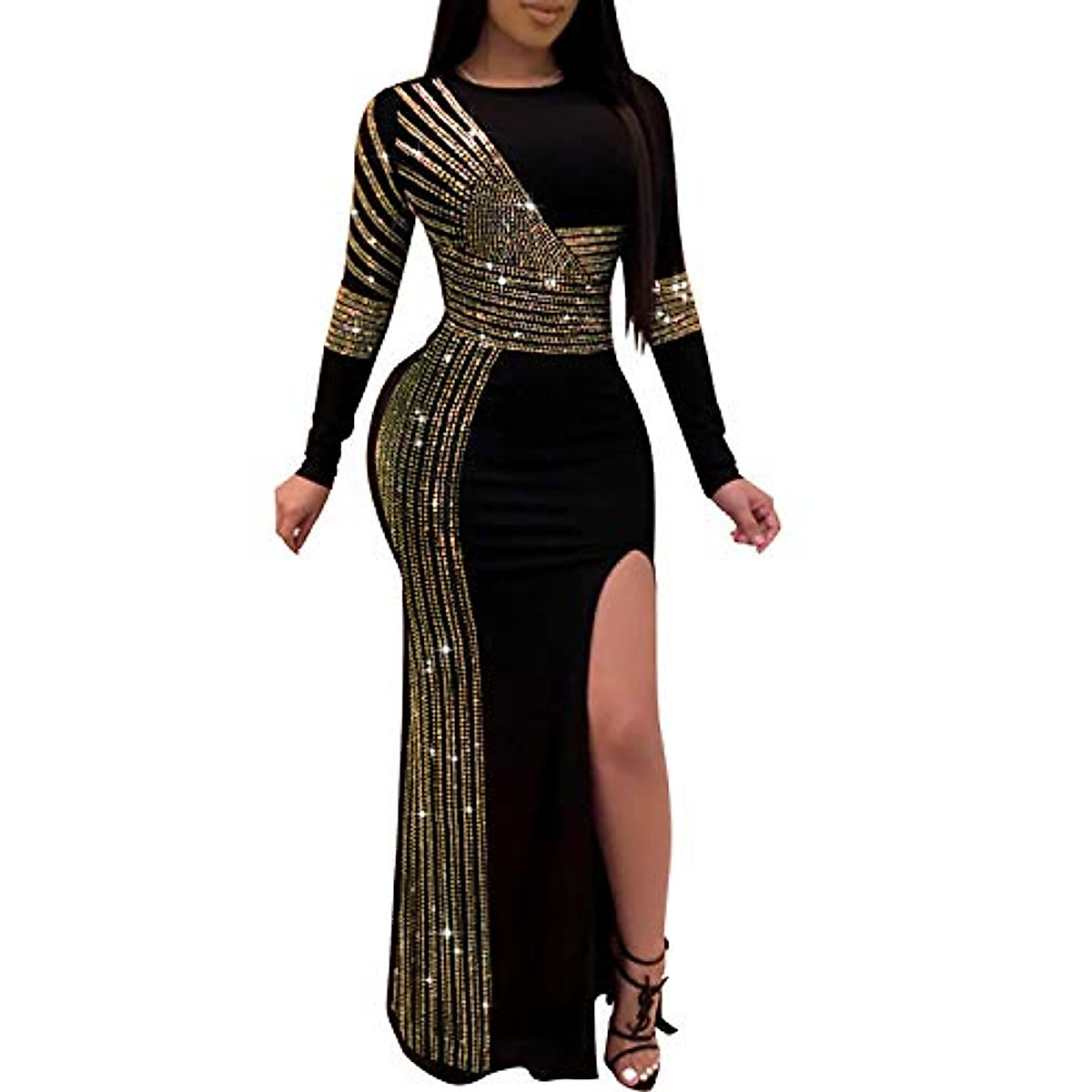PORRCEY Hot Drilling Craft Sexy Long Sleeve Dress Sexy Dress Party Club Evening Dress (8882,Gold,XL)