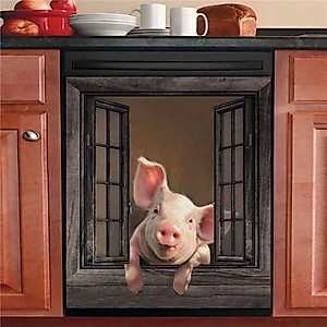 Magnetic Funny Pig Dishwasher Sticker Kitchen Cabinet Panels,Farm Window Refrigerator Door Cover Sheet,Animal Fridge Manget,Home Appliances Decor Decals 23"Wx17"H