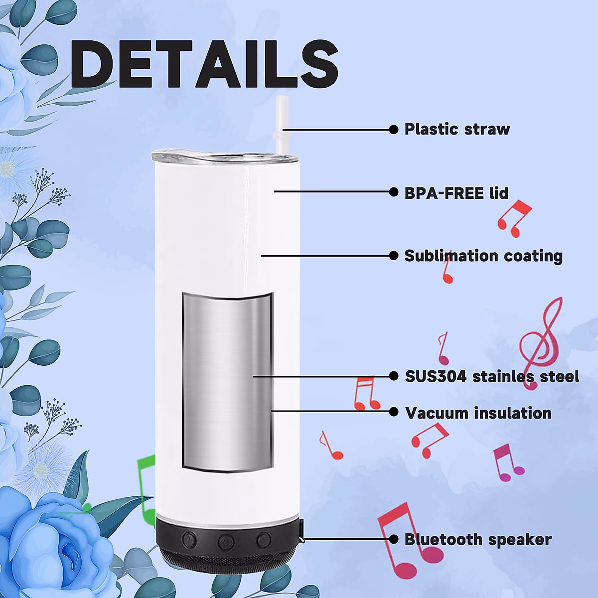 HIZEE 6pack 20oz cups Bluetooth Sublimation Tumbler with Straw and Lid, Double-Wall Stainless Steel Vacuum Insulation Sublimation Tumbler Blank, RemovableRechargeable Bluetooth Wireless Speaker black