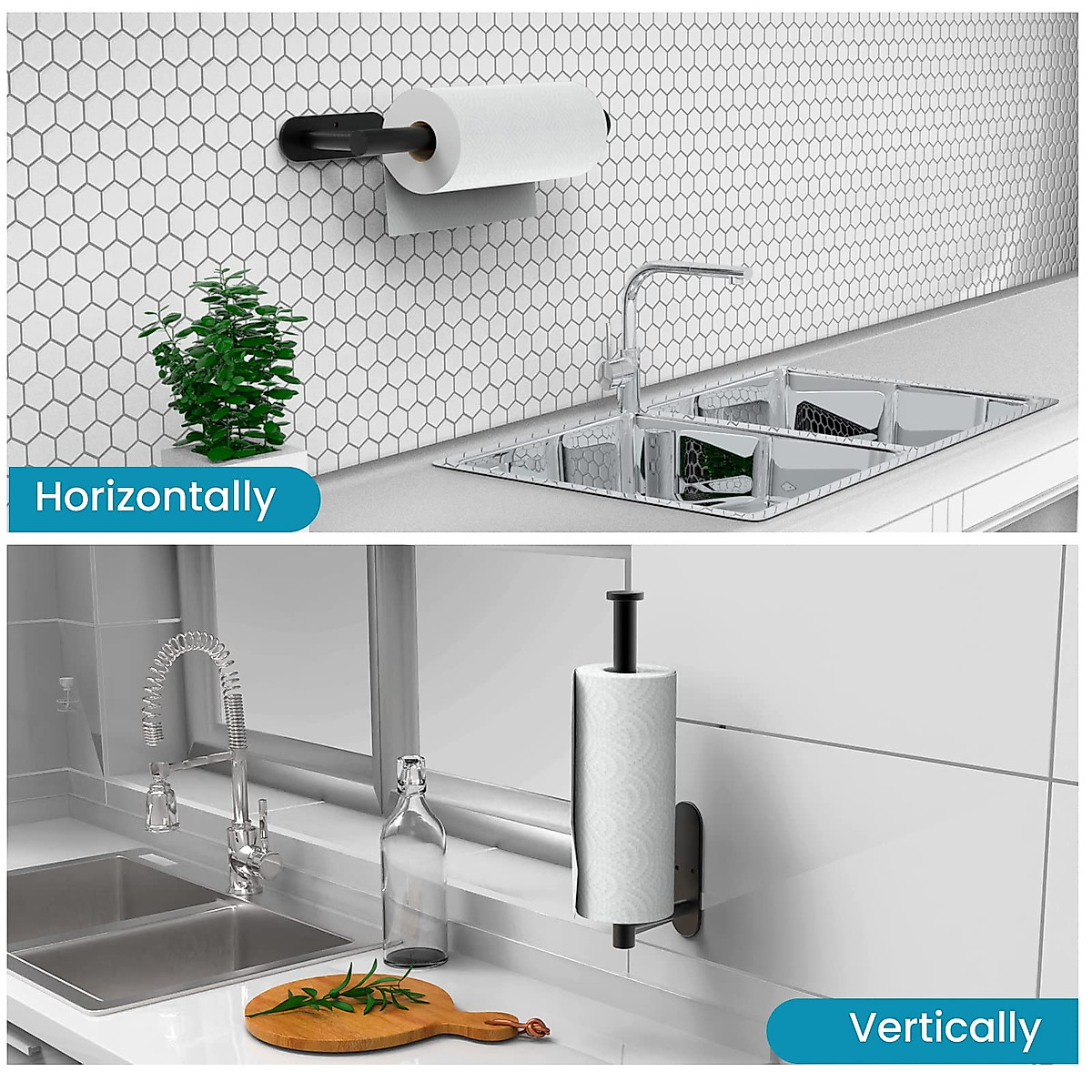 Paper Towel Holder Under Cabinet, Kitchen Paper Towel Holder Wall Mount, Self Adhesive Paper Towel Roll Holder SUS304 Stainless Steel Paper Towel Bar Paper Towel Rack - Black