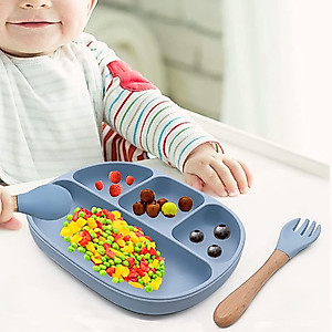 Toddler Plates with Lid Weaning Spoon Fork Set, Santi & Me Silicone Baby Plates with Suction Solid Feeding Dishes and Utensils Set - BPA Free, Microwave & Dishwasher Safe(Dusty blue)