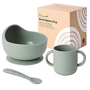 ROCCED Baby Silicone Bowls with Suction Toddler Bowls and Spoons Set Training Cups for Baby Silicone Baby Feeding Set Baby Cups with 2 Handles Silicone-Sage