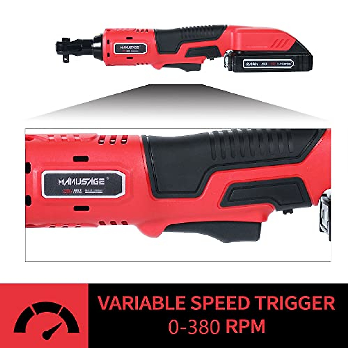 MANUSAGE 3/8" Cordless Electric Ratchet Wrench Set, 20V Cordless 44.25 Ft-lbs 380 RPM Ratchet Kit