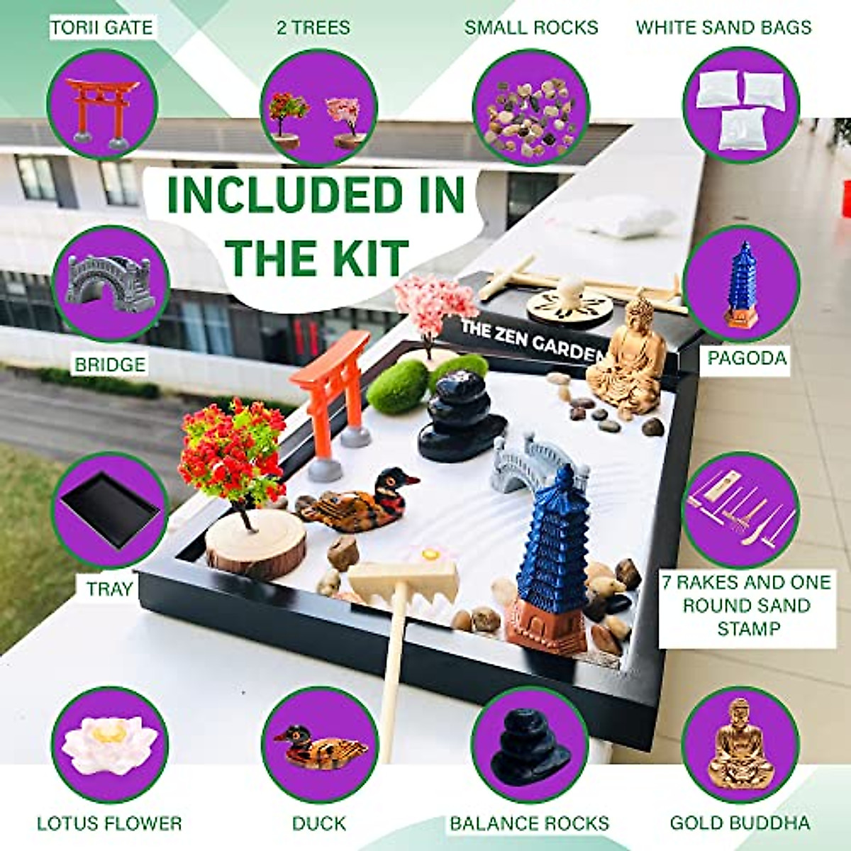 Mini Zen Garden for Desk 11x8in, Zen Gifts,Sand Tray Therapy Kit, Zen Sand Garden for Desk Mini Rock Garden Gifts, Desk Zen Garden Kit Zen Garden Accessories for Zen Garden Sand Tray Therapy