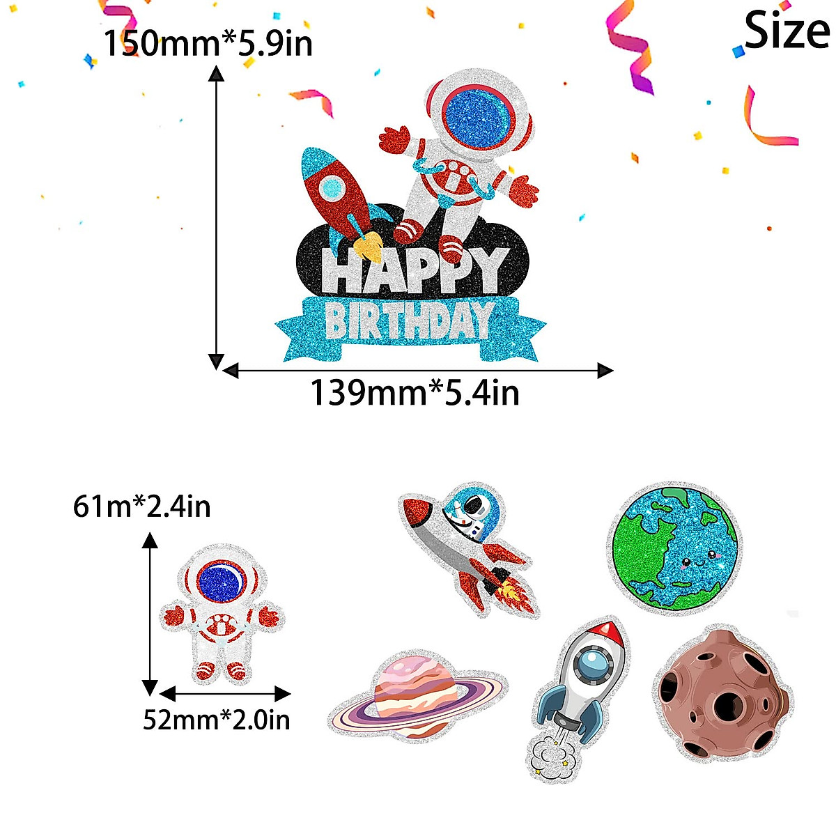 Set of Astronaut Happy Birthday Cake Toppers-with a Space Theme The Rocket Planet space ship Decorations for a Baby Shower, Boy or Girl's Birthday Party
