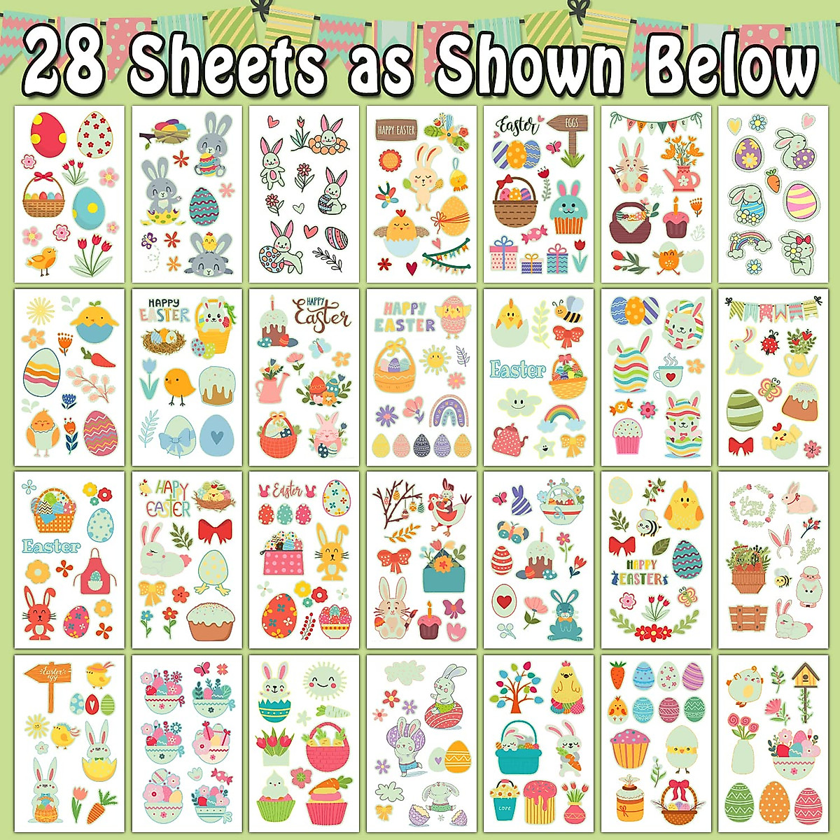 Partywind 28 Sheets (260 Styles) Glow Easter Tattoos for Kids Party Favors, Happy Easter Party Supplies for Boys and Girls, Easter Basket Stuffers Games for Egg Hunt