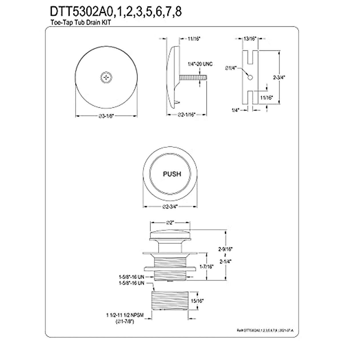 Kingston Brass DTT5302A0 Made to Match Easy Touch Toe-Tap Drain Conversion Kit, Tub, Matte Black