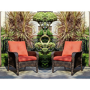 Rilyson Outdoor Patio Wicker Dining Chairs Set of 2, Rattan Single Sofa Chair 2 Piece, Porch Lawn Armchair Wicker Dining Chair with Deep Seating and Cushion (Brown/Red)