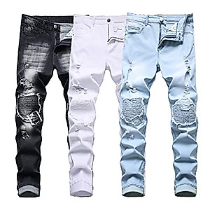 nlsxmx Men's Slim Fit Biker Jeans, Ripped Stretch Distressed Destroyed Straight Leg Moto Denim Pants(Light Blue,34)
