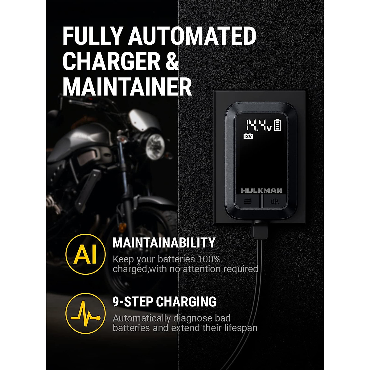 HULKMAN Sigma 1 Car Battery Charger, 1A 6V/12V Automatic Smart Trickle Charger, Battery Maintainer, and Desulfator with Intelligent Interface