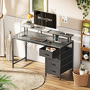Huuger 47 Inch Computer Desk with Power Outlets and LED Lights, Gaming Desk with 4 Drawers, Office Desk with Monitor Stand, Study Desk Work Desk for Home Office, Small Spaces, Gray