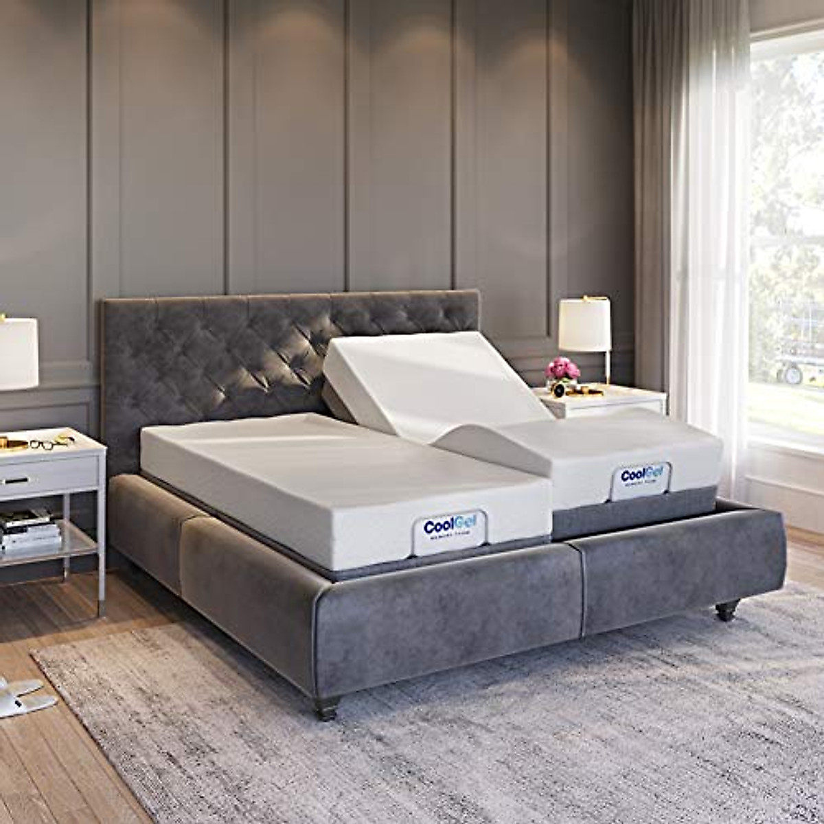 Adjustable Comfort Upholstered Adjustable Bed Base with Massage, Wireless Remote, Three Leg Heights, and USB Ports-Ergonomic, Twin XL, Dark Grey