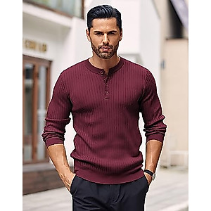 COOFANDY Men's Henley Sweaters Lightweight Casual Knit Sweaters Ribbed Crewneck Pullover Long Sleeve Tops Wine Red