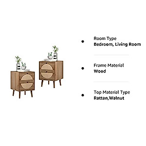 FOKWE Rustic Rattan Nightstand 2-Drawer, End Table Side Table Wooden Coffee Table with Storage and Solid Wood Legs for Living Room, Bedroom(Walnut,2 Pack), Walnut-2 Drawers-2 Packs,