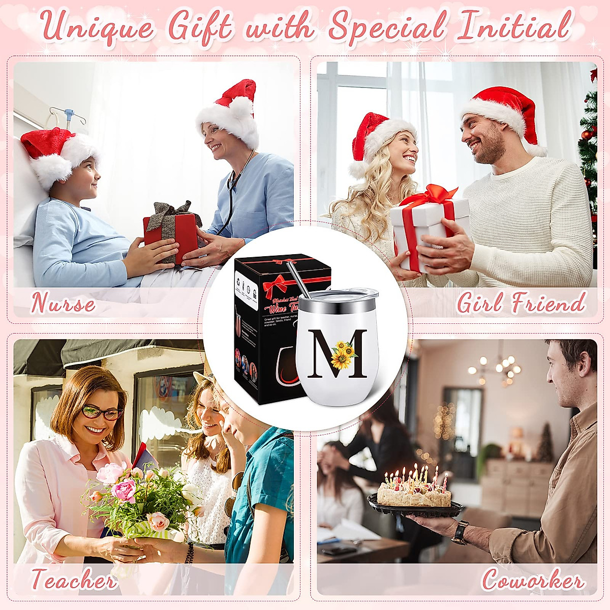 Zopeal Funny Personalized Coffee Mug Cup with Initials, Monogrammed Gift for Girls Women Mom Teacher Birthday Christmas Wedding, 12 oz Stainless Steel Wine Tumbler with Brush Straw Gift Box (M)