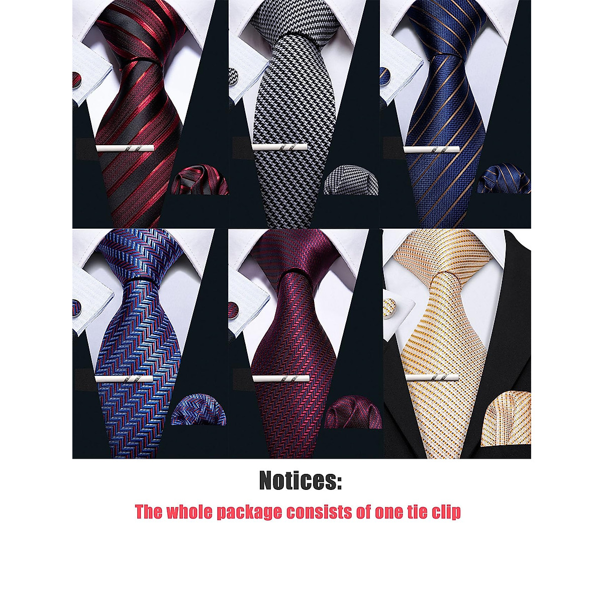 Barry.Wang Mens Stripe Plaid Tie Set with Pocket Square Cufflink Tie Clip Necktie Business Wedding 6PC