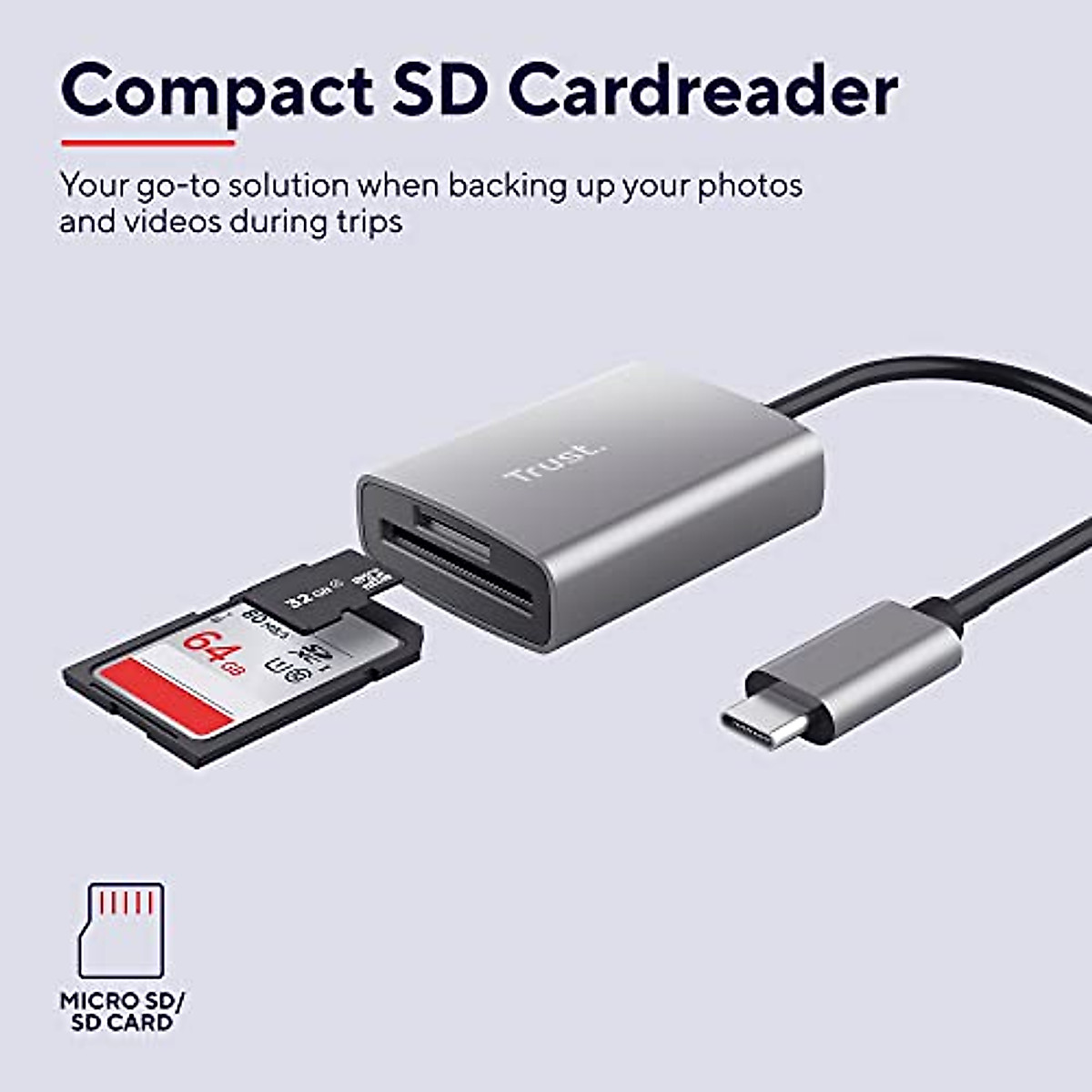 Trust Dalyx Fast USB Cardreader, Fast USB 3.2 Gen 1 with USB-C Connector, 104 MB/s with Compatible UHS-I Cards, (Micro) SD, SDHC and SDXC up to 2 TB, MacBook, PC, Laptop, Chromebook