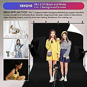 YAYOYA Black White Backdrop Screen with Stand Kit 5x6.5ft for Photo Video Studio, 2-in-1 Revisible Black Backdrop White Screen with T-Shaped Photography Background Support Stand and 5 Backdrop Clamps