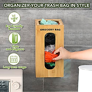 Grocery Bag Dispenser Plastic Bag Holders for Grocery Bags - Bamboo Trash Bag Dispenser, Can Hold 50-60 Used Shopping Bags -Grocery Bag Storage Organizer for Kitchen - Large Opening & Slot - 5"x7"x15”