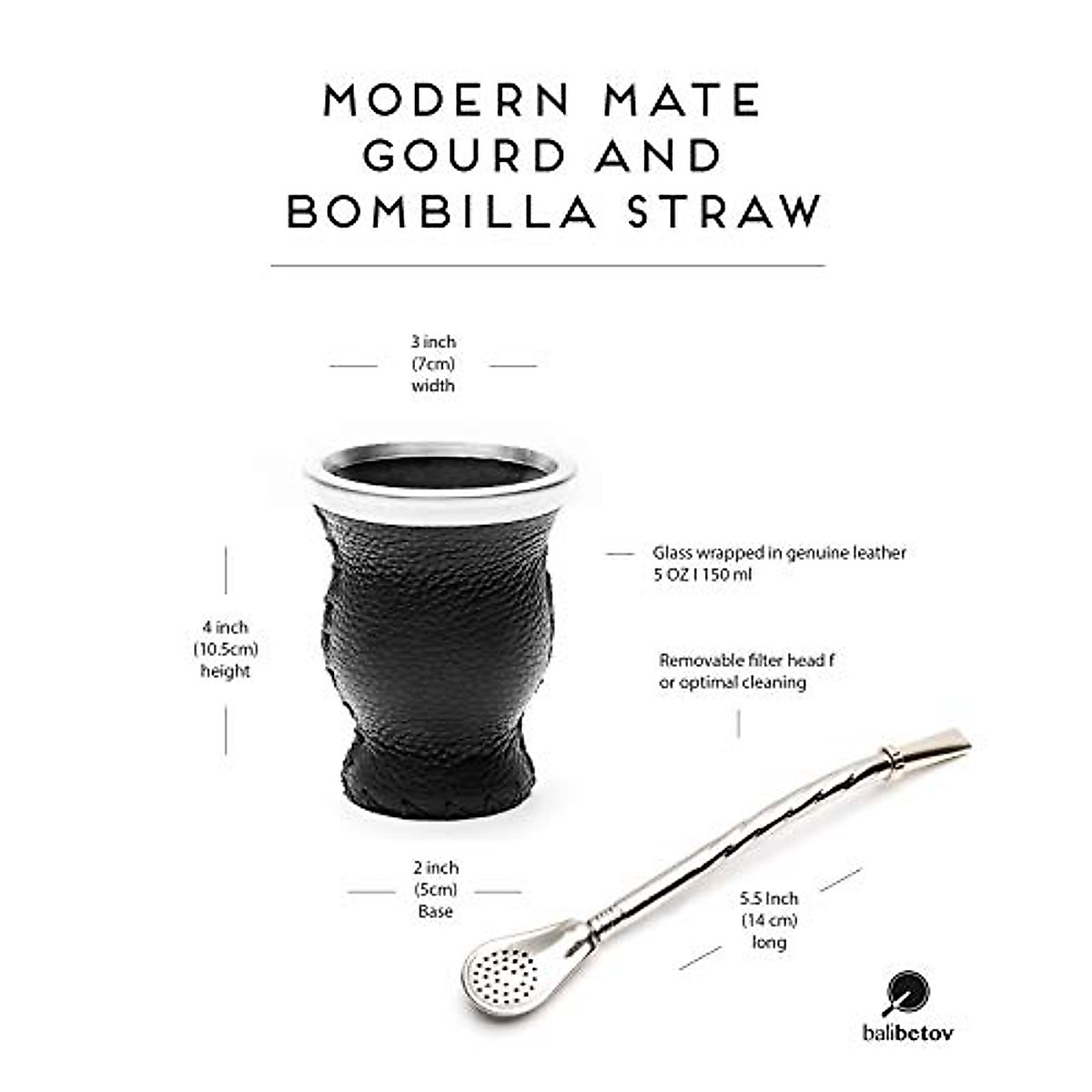BALIBETOV [New Leather & Glass Yerba Mate Gourd Set (Mate Cup) with Yerba Mate Bombilla (Straw) (Black)