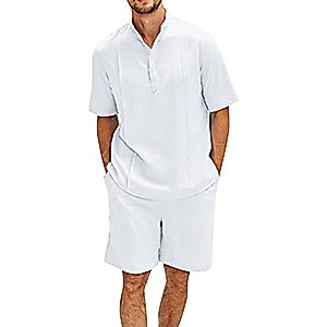 FAMOORE Mens Spring and Summer Beach Solid Color Short Sleeved Shorts Cotton and Linen Suit Two Piece White