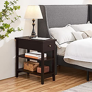 Yaheetech 3-Tier Narrow Side Table with Drawer and Storage Shelves, Small End Table Bedside Cabinet for Living Room Bedroom Small Space Hallway Corner, 24″ L × 12″ W × 24.5″ H, Espresso