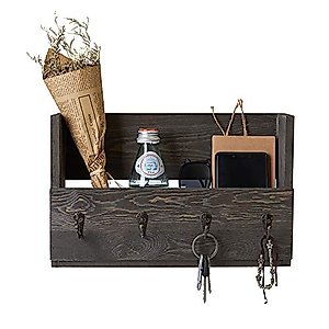 Distressed Rustic Gray Pine Wood Wall Mounted Mail Sorter Organizer with 4 Key Hooks Rack Hanger, Letter and Key Holder Organizer for Entryway, Kitchen, Hallway, Foyer-Wall Mount