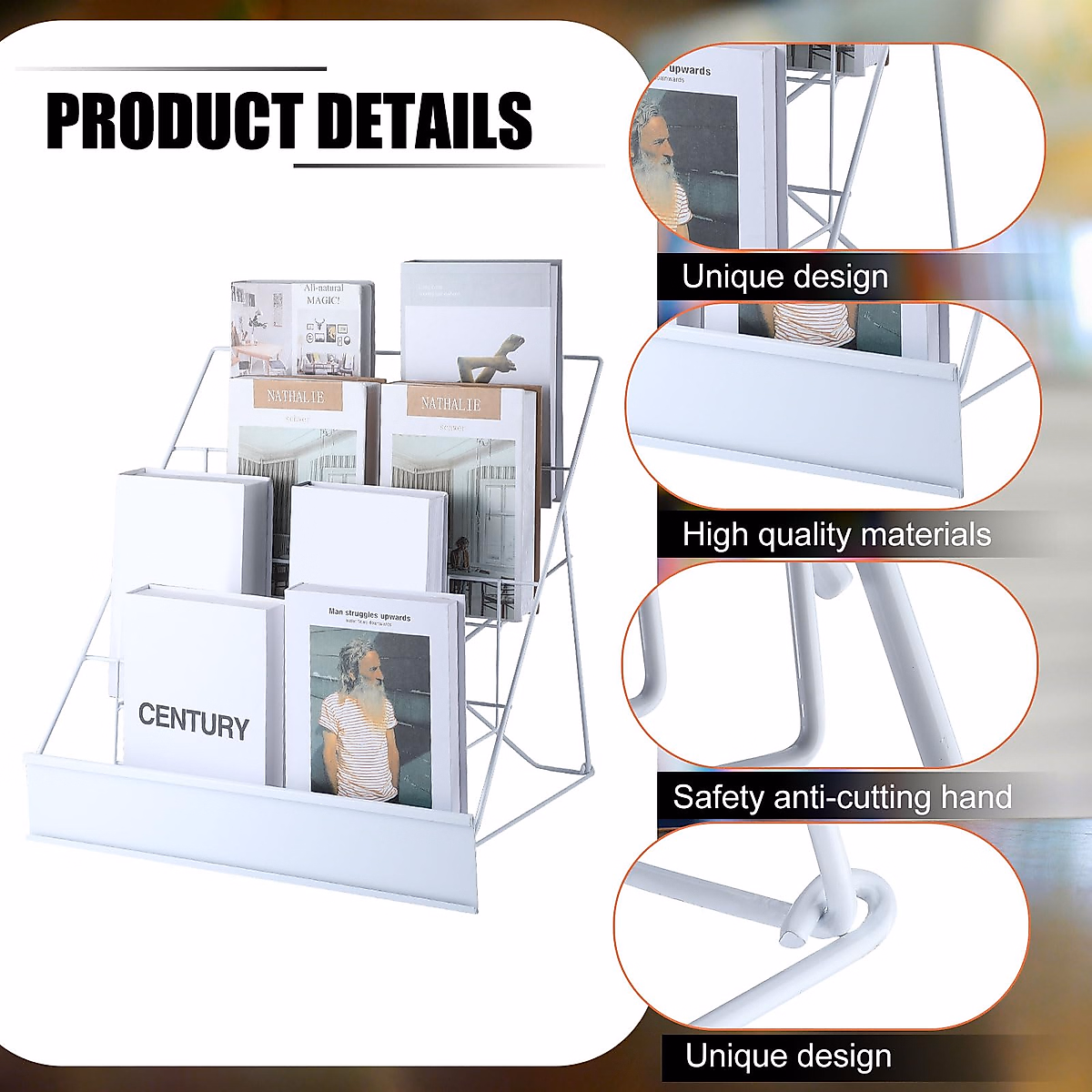 Sintuff Book Display Rack 4-Tiered Book Display Stand 18" Book Signing Wire Rack Tabletop Cd Display Countertop Comic Book Magazine Rack for Library Classroom Picture Literature Brochure(White)