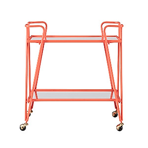 Linon Gina Coral Mid-Century Bar Cart with Mirrored Shelves and Locking Wheels