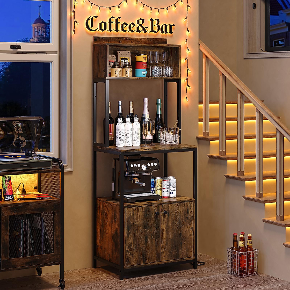 Furniouse 5-Tier Kitchen Bakers Rack with Power Outlet, Industrial Microwave Oven Stand with Storage, Kitchen Storage Shelf with Cabinet, Coffee cart, Standing Kitchen Storage Rack (Rustic Brown)