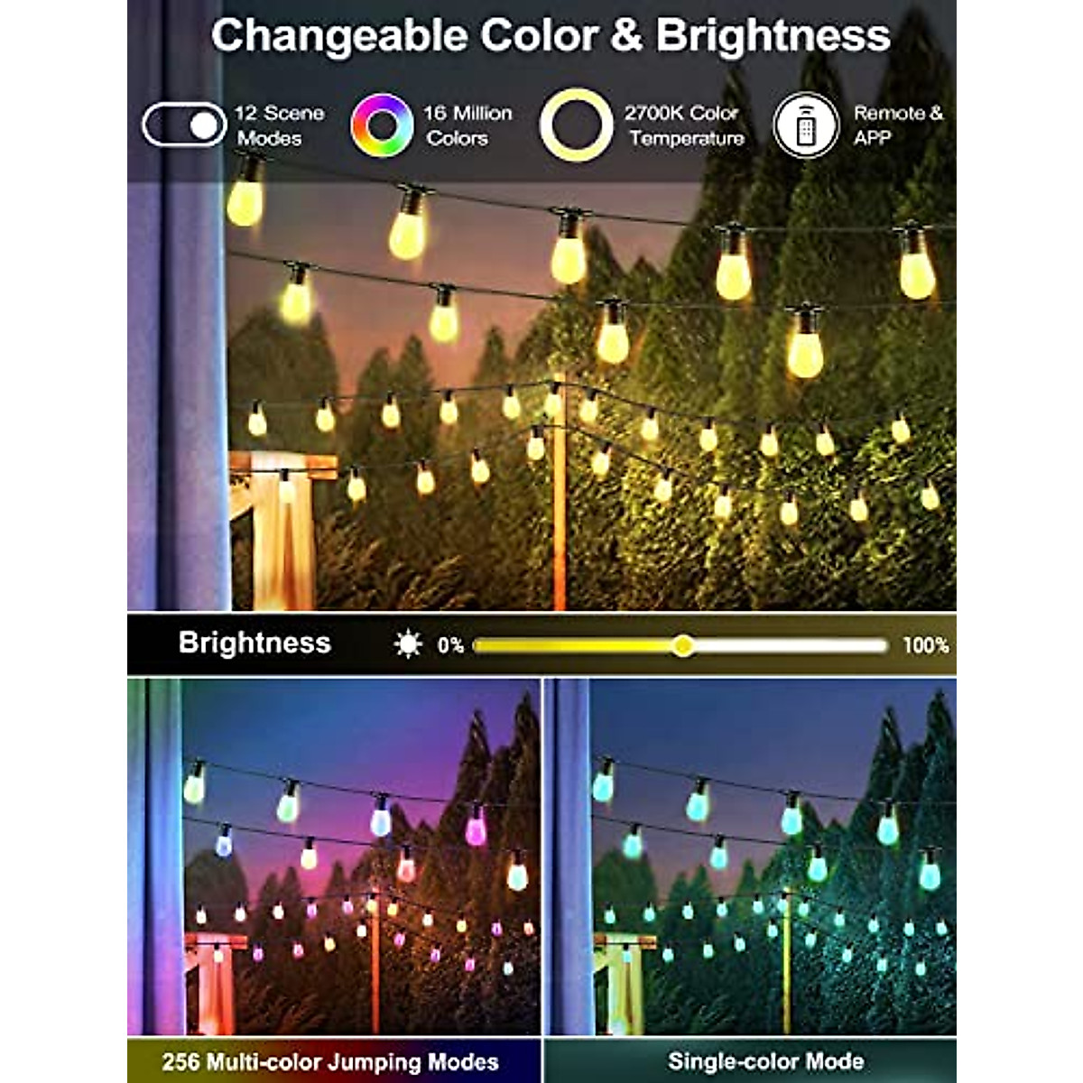 Jevindo Solar Outdoor String Lights, Portable 48ft IP65 Waterproof Patio RGB LED String Lights with 15 LED Bulbs Dimmable Multi-Color, Smart Bluetooth App Control, Balcony, Backyard, Camping, Travel