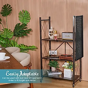 Pawtrice 4-Tier Foldable Shelf, Black-Strong and Durable Multipurpose Folding Shelves for Stroage with Locking Wheels-Easy to Assemble, Clean, Fold