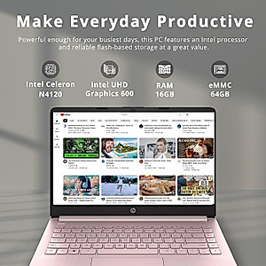 HP Stream 14" HD BrightView Laptop, Intel Celeron N4120 Processor, 16GB RAM, 64GB Storage, Intel HD Graphics, 720p Webcam, 1 Year Office 365, Pink, Win 11 S, 32GB Hotface USB Card