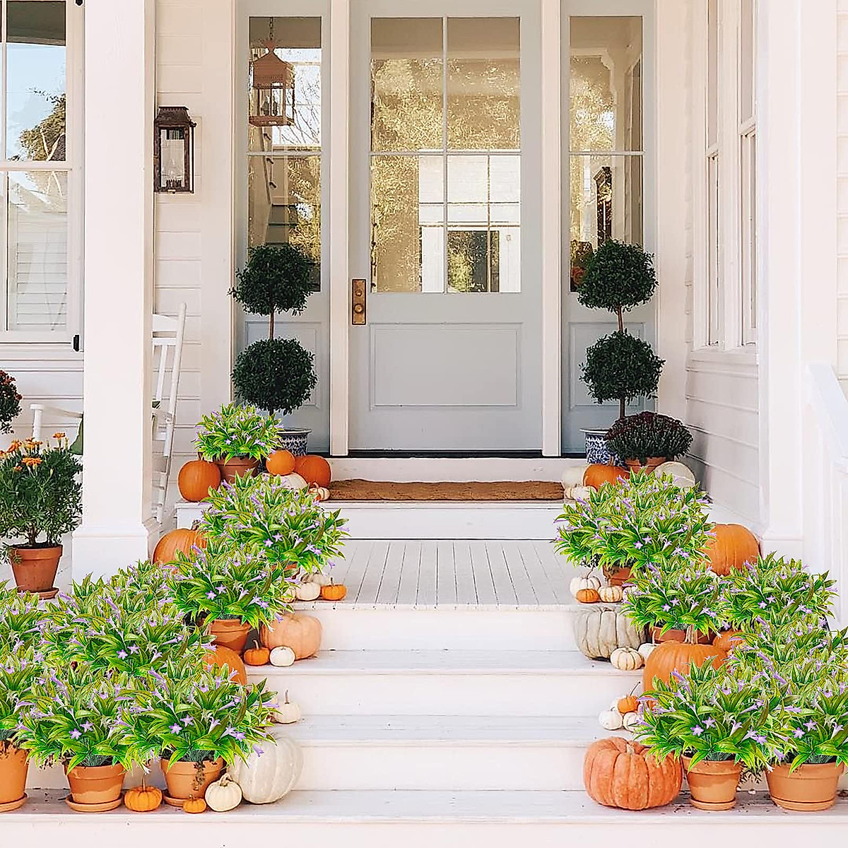 Uieke 6Pcs Outdoor Artificial Plants UV Resistant Fake Tropical Flowers Morning Glory Shrubs Greenery Plastic Plants Fall Leaves for Hanging Planter Garden Patio Sidewalk Thanksgiving Décor Purple