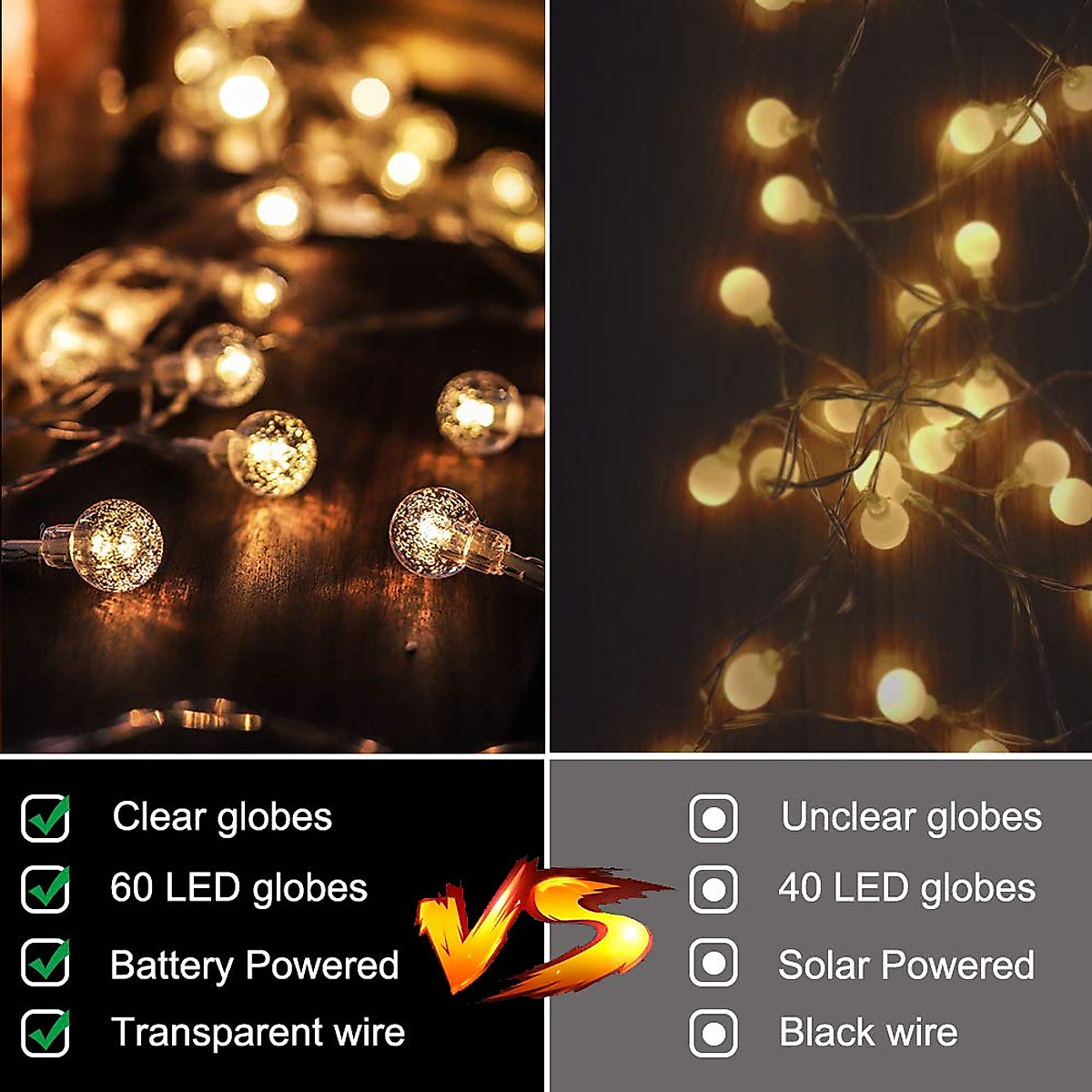 Metaku Globe String Lights Fairy Battery Operated 26ft 60LED with Remote Waterproof Indoor Outdoor Hanging Decorative Christmas for Home Party Patio Garden Wedding