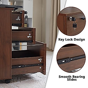 VICLLAX 3 Drawers Locking Mobile File Cabinet, Under Desk Storage Filing Cabinet for Home Office, Brown Walnut